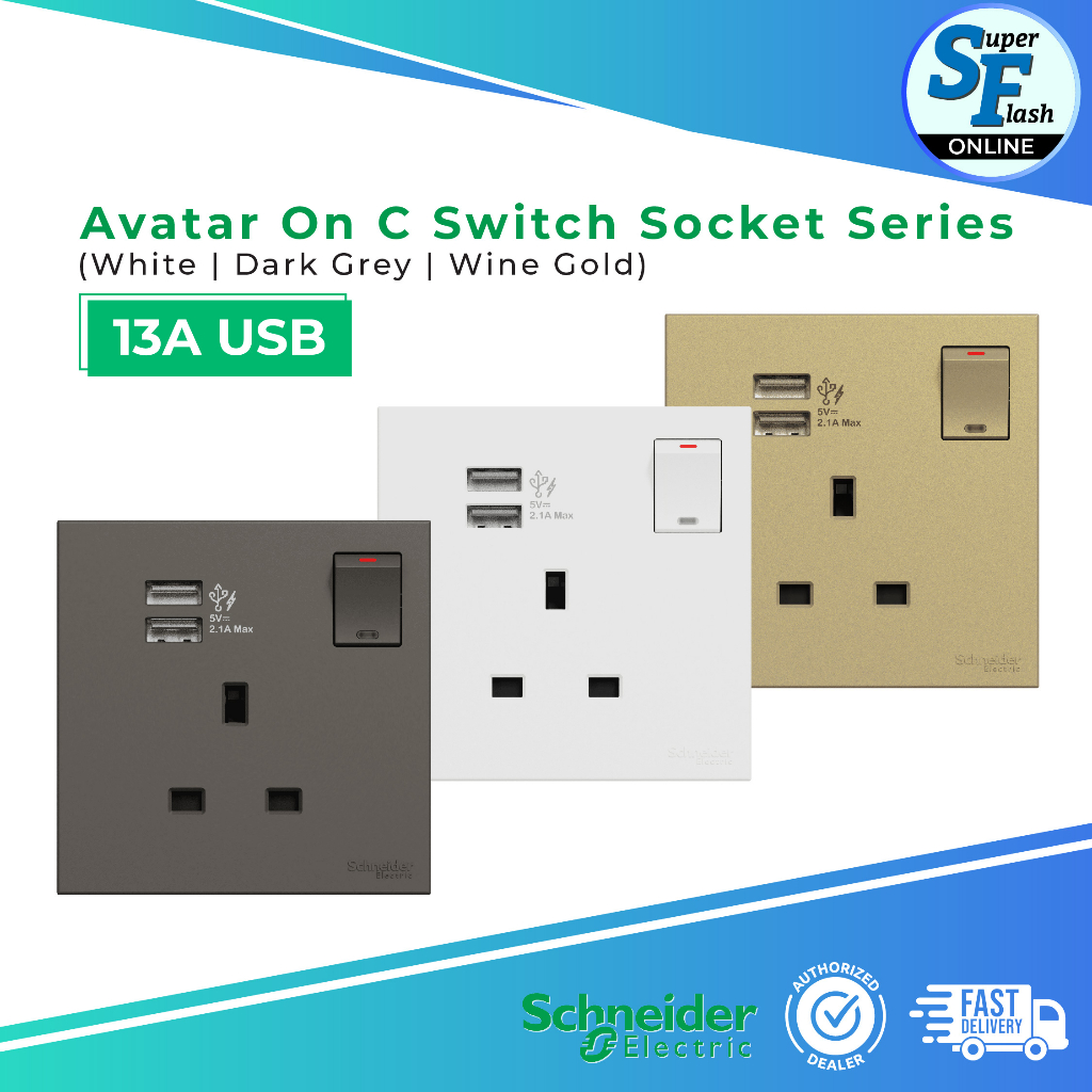 Schneider Electric Avatar ON C 13A+USB Switches Sockets / 250W Dimmer ...