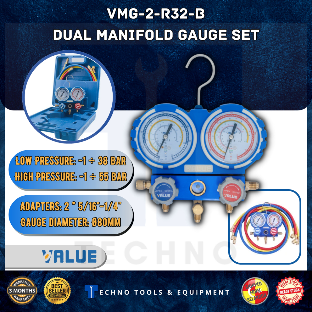 VALUE Air-Cond Dual Manifold Gauge Set R410a, R32, R22, R134a (VMG-2-R32-B) | Shopee Malaysia