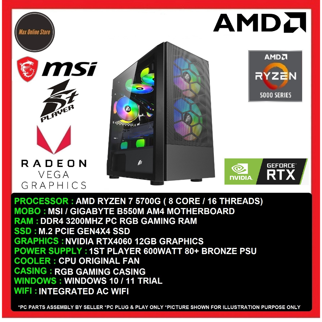 Gaming PC Desktop AMD Ryzen 7 5700G/32GB/16GB/512GB SSD/1TB SSD/RTX4060 ...
