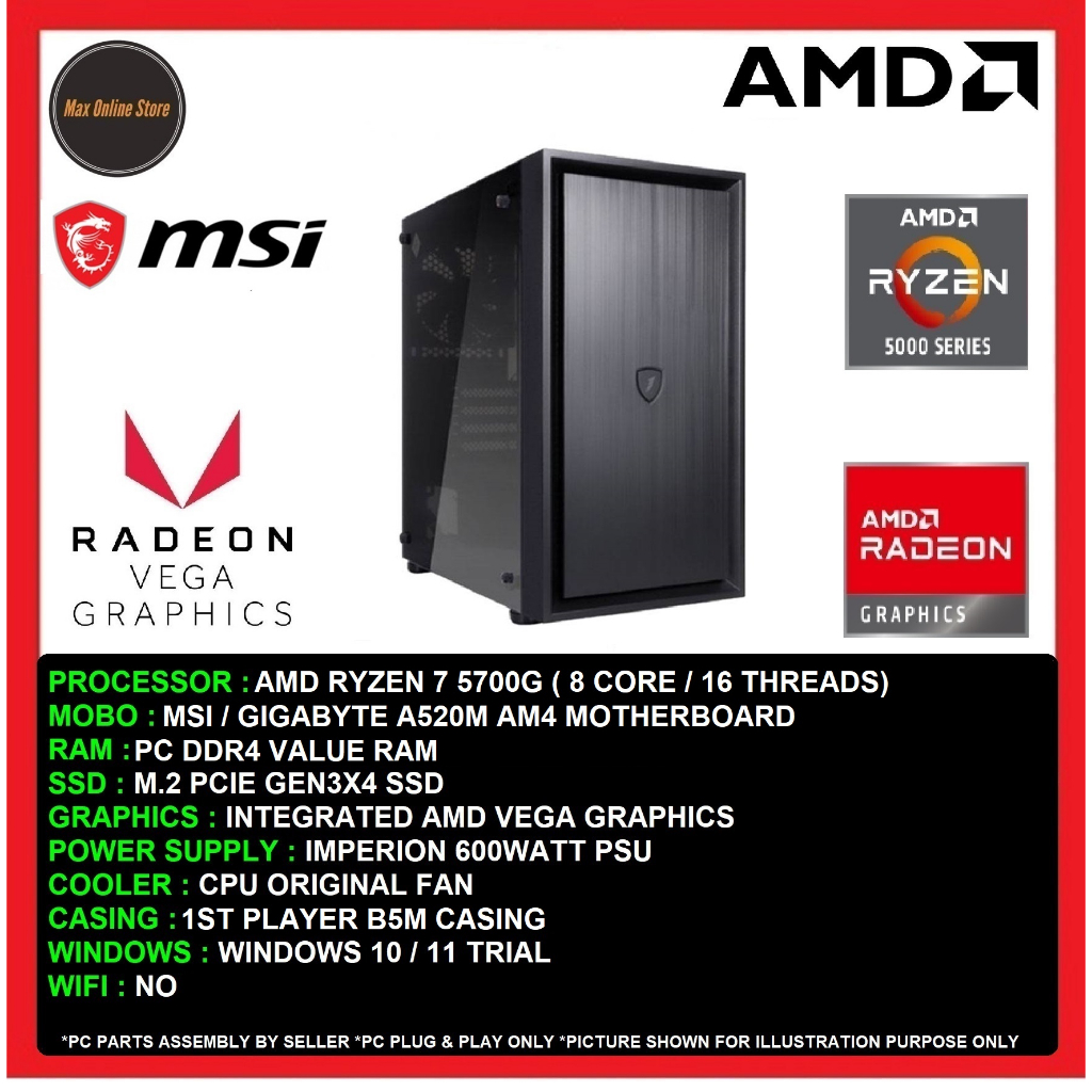 Gaming Office Value PC Desktop AMD Ryzen 7 5700G/8GB/16GB/256GB SSD ...