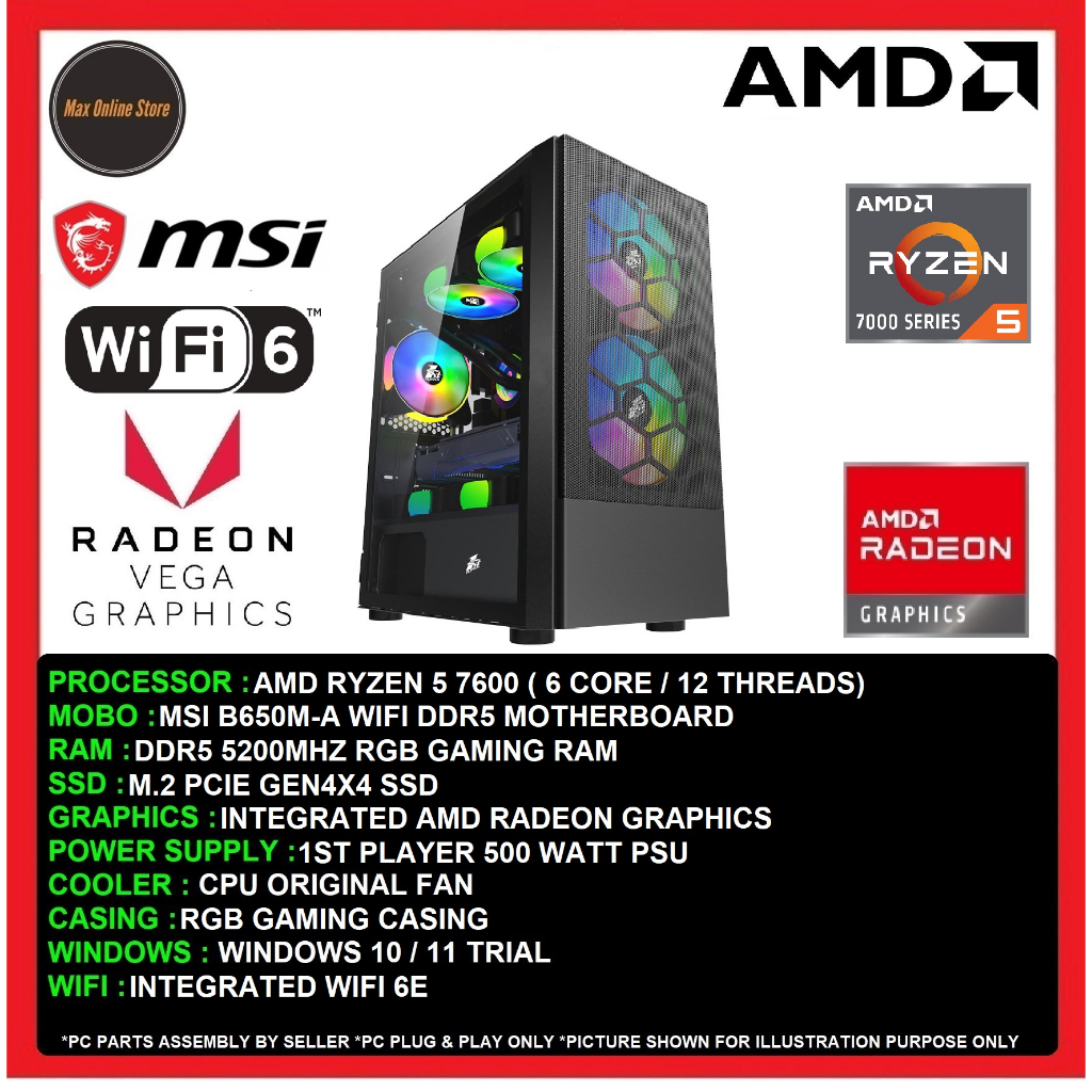 Gaming PC Desktop AMD Ryzen 5 7600/16GB/32GB/256GB SSD/512GB SSD/AMD ...