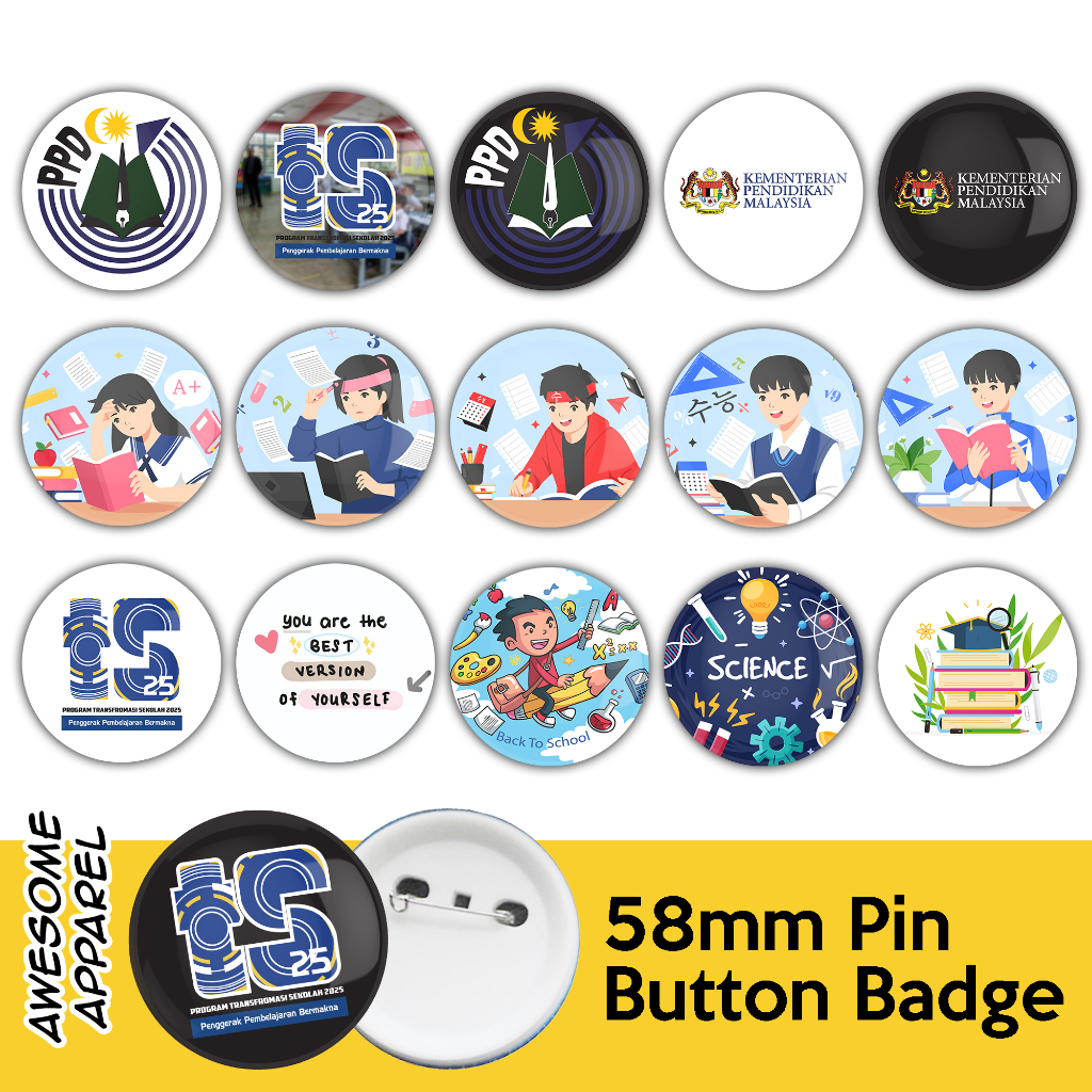 Sekolah TS25 Designs 58mm Button Badge with Pin (Y111-Y146) | Shopee ...