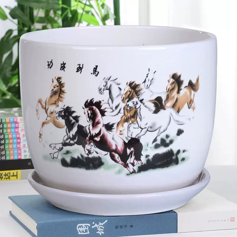 [READY STOCK] Chinese Ceramic Pot with saucer 中国风陶瓷花盆室内简约清仓带托盘发财 新年花盆 ...