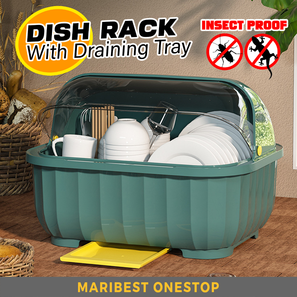 DISH RACK WITH LID Dish Drainer With Cover Kitchen Dishes Rack Dishware ...