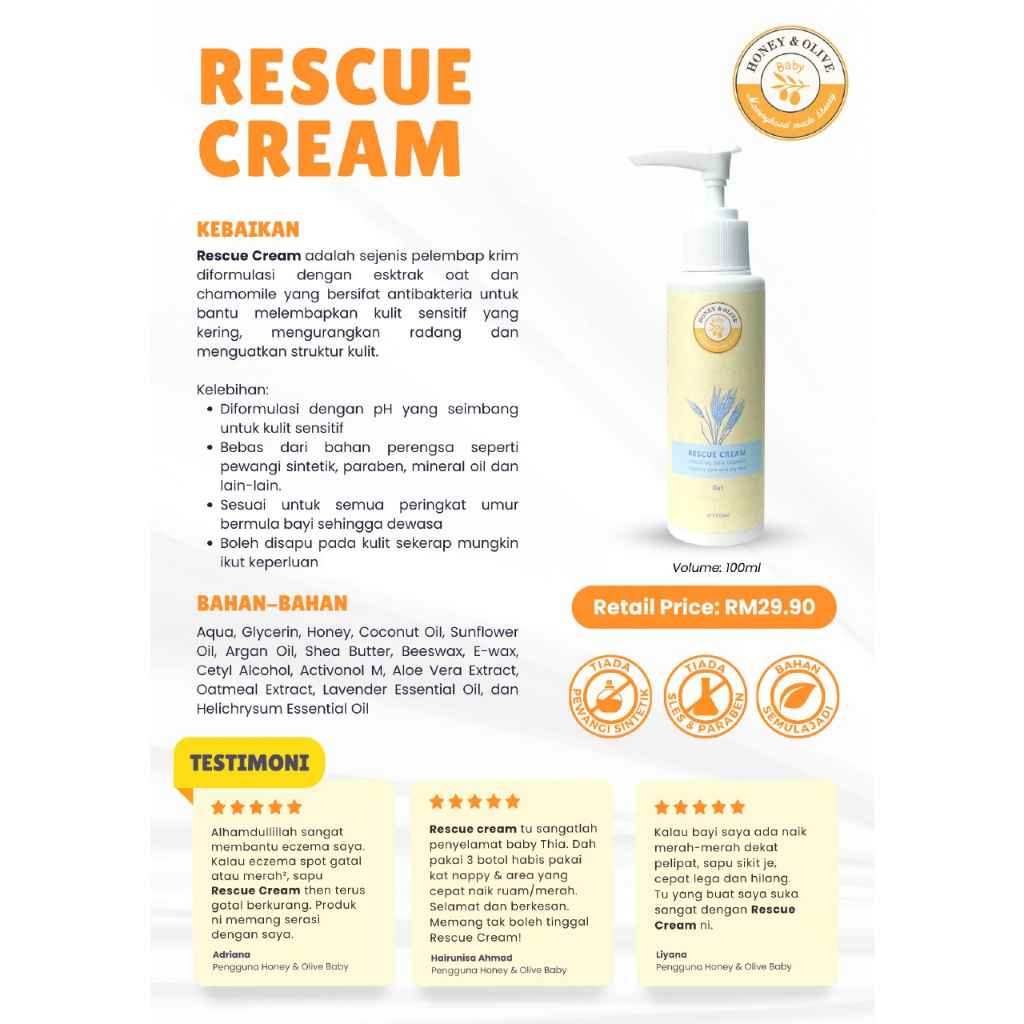 Rescue Cream (100ML) Rescue cream honey olive Lotion Eczema Pelembab kulit gatal Anti Radang ...