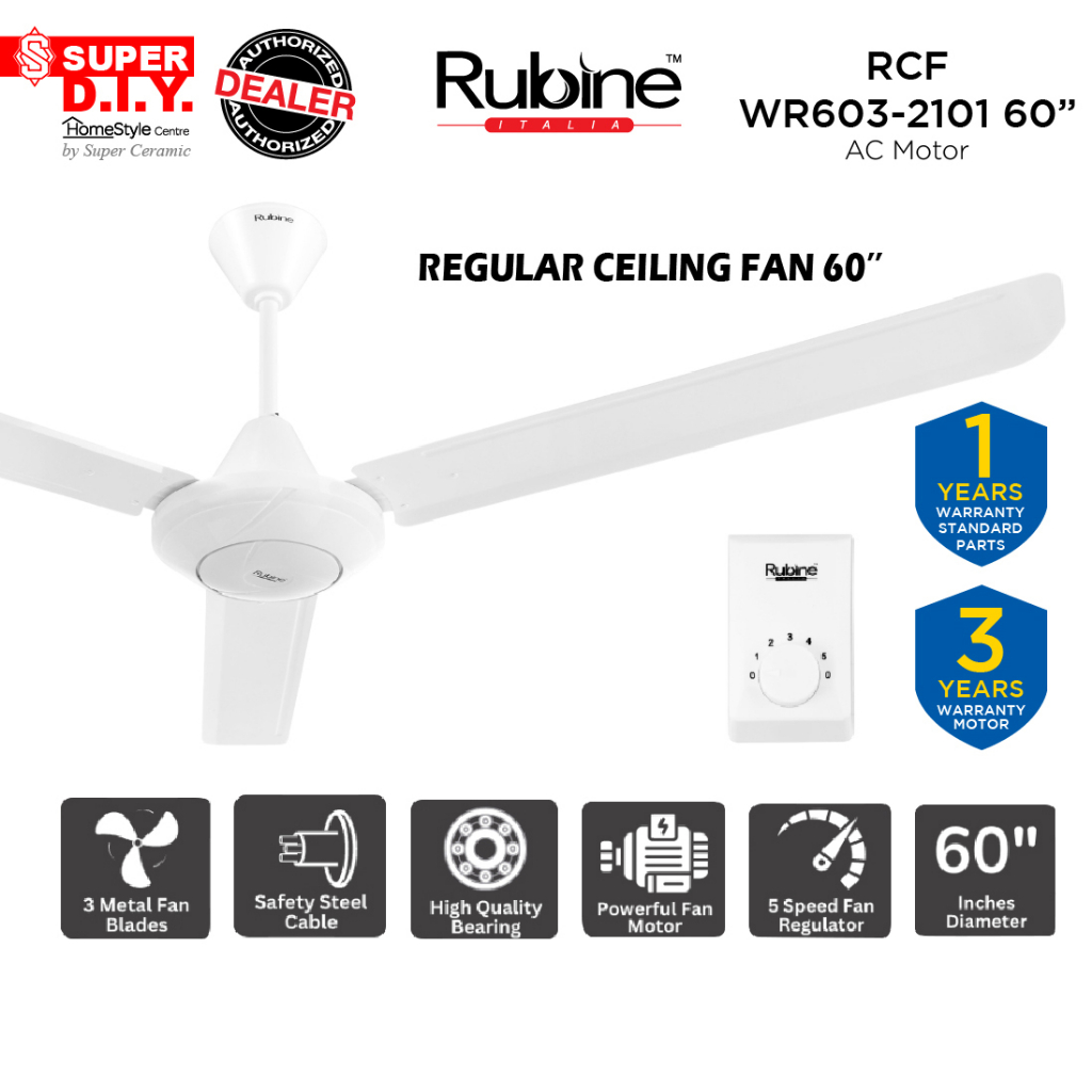 RUBINE RCF-WR603-2101-WH 60" Regular Ceiling Fan AC Motor Kipas Angin ...