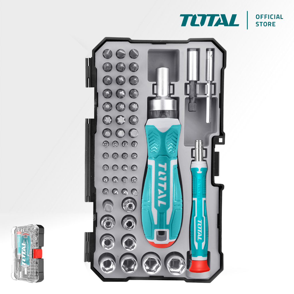 TOTAL Screwdriver Bits Set (55 Pcs) + Handles (2 Pcs) + Precision Bits + Sockets (4mm-12mm/9 Pcs ...