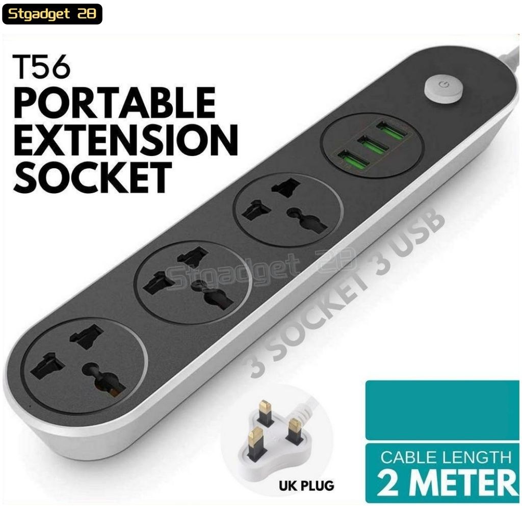 3 Socket 3 USB Power Socket Extension UK Plug 2500W 2-Meter USB Port 3 ...