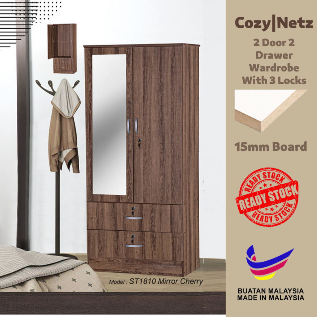 CozyNetz 2 Door 2 Drawer Wardrobe with 3 Locks & Mirror | Almari Baju ...