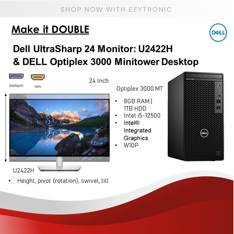 Dell Optiplex 3000 MT & U2422H - Combo PC & Monitor | i5-12500 , 8GB ...