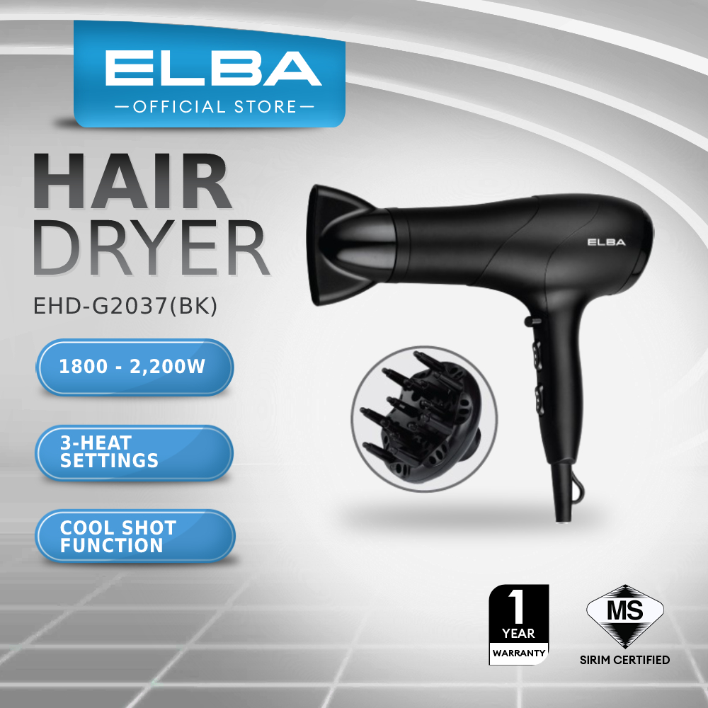 ELBA Hair Dryer EHD-G2037(BK) - 2speeds Control, 3 Heat Settings - Black (1800W-2000W) | Shopee ...