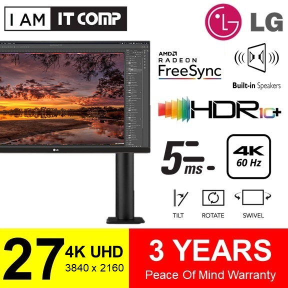 LG 27 In 27UN880-B UHD 4K Ergo IPS Monitor with USB Type-C / 5ms 60Hz / 3840 x 2160 / Built-In ...