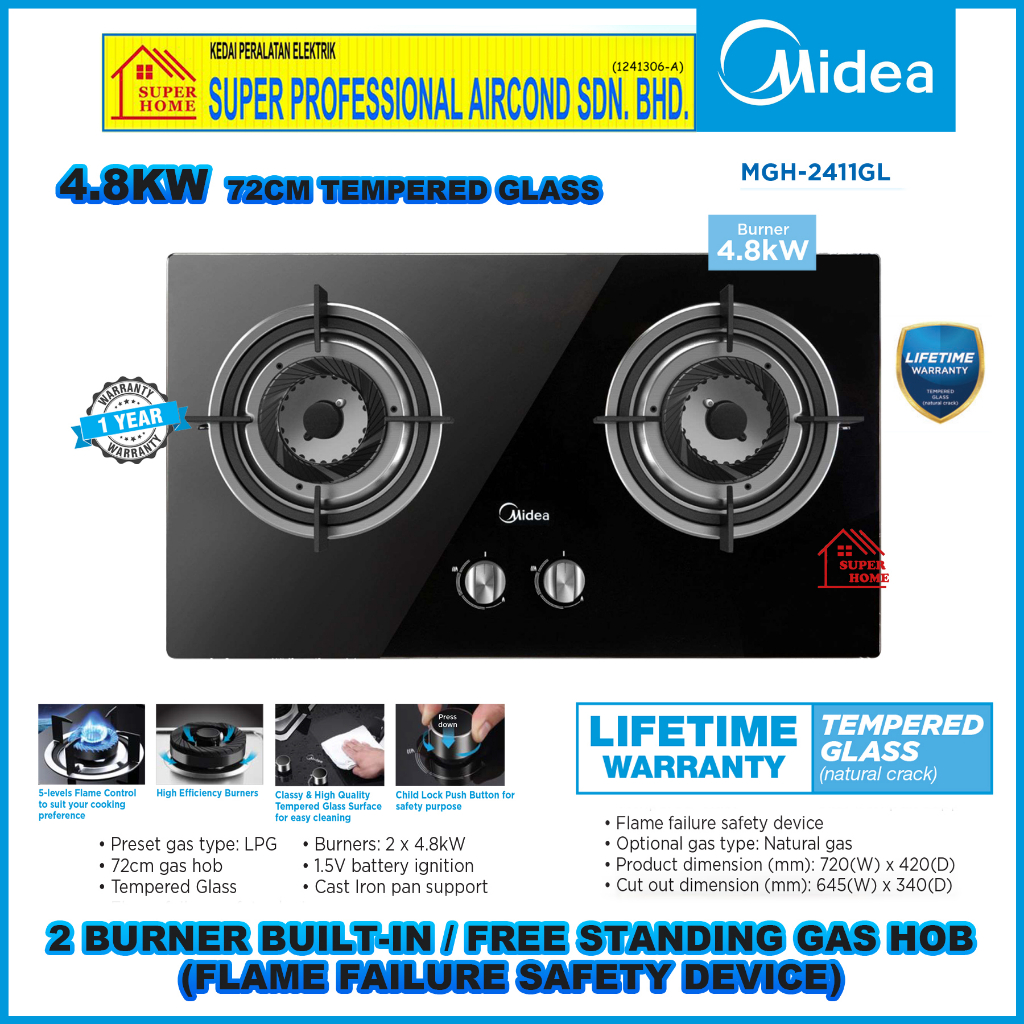 Midea Built-in Hob MGH-2411GL 72cm Tempered Glass Gas Hob with Safety ...