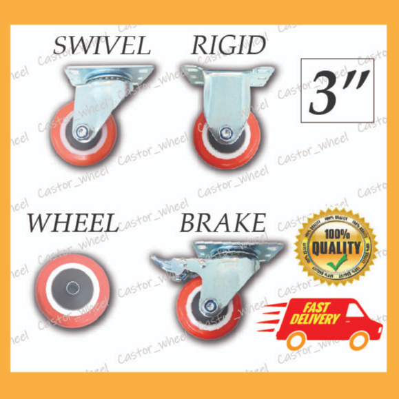 3'' (75mm) HEAVY DUTY BRIGHT RED PU SWIVEL/RIGID/BRAKE CASTOR/CASTER ...