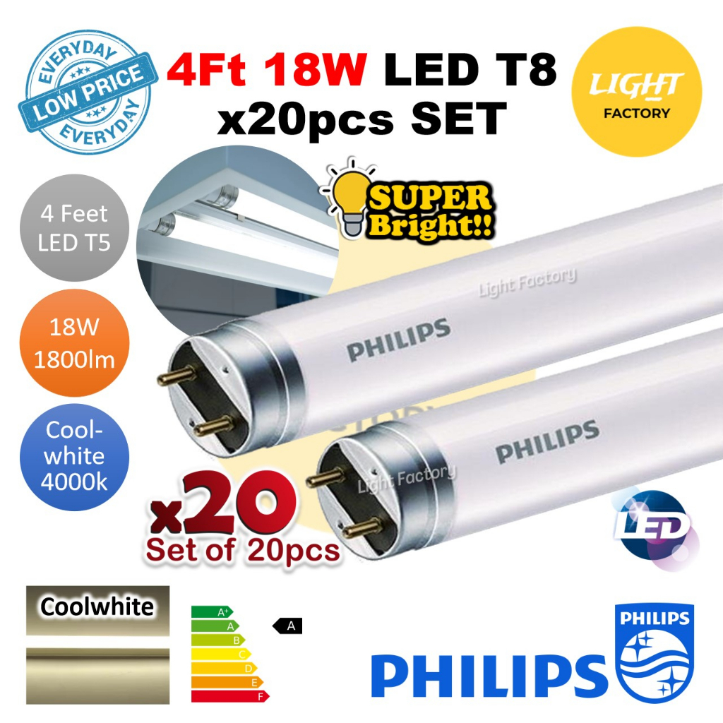 [SET of 10pcs/20pcs] PHILIPS ECOFIT 2ft8W 4ft18W LED T8 Fluorescent Tube Light Lampu Kalimantang ...
