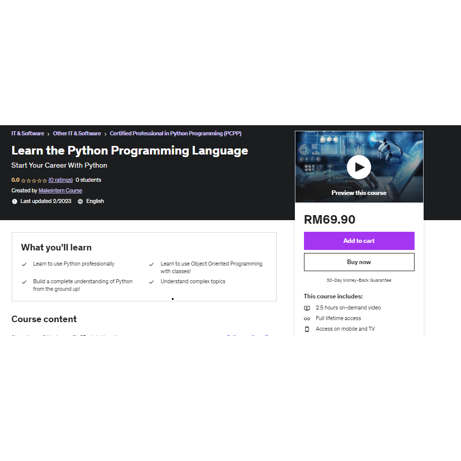 Learn The Python Programming Language 2023 [LIFETIME ACCESS] Udemy course | Shopee Malaysia