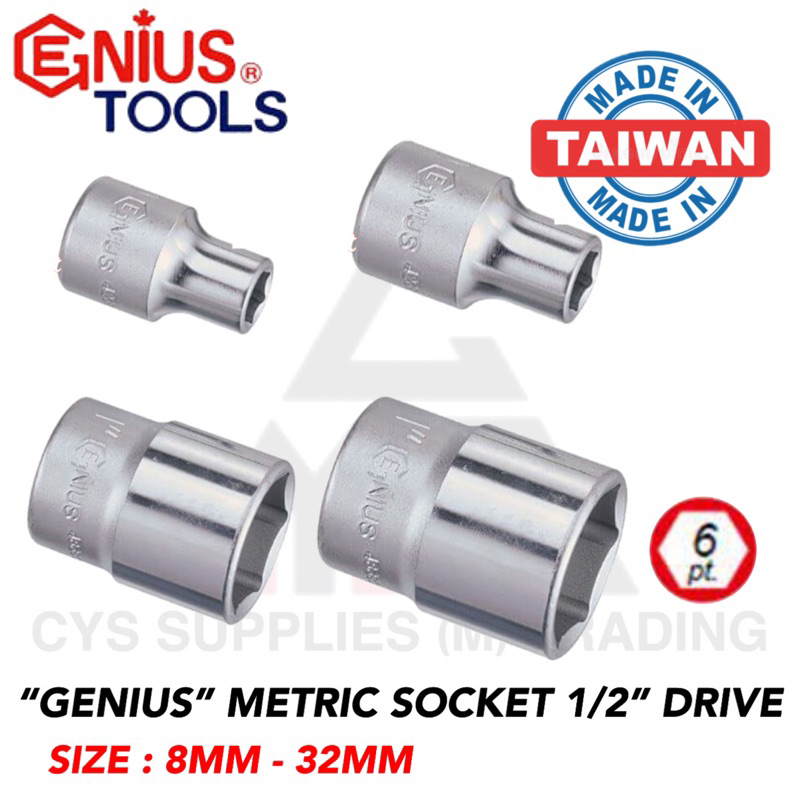 (100% TAIWAN) GENIUS 1/2” HAND SOCKET / BOX SOCKET CHROME 6 POINT (8MM ...
