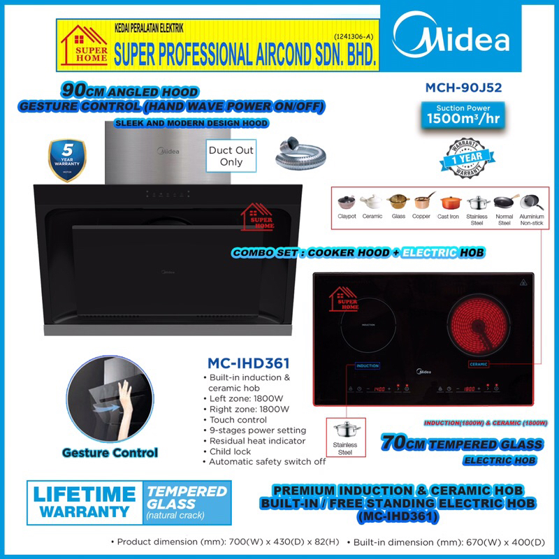 Midea Hood MCH-90J52 90cm Angle Designer Hood / Midea Electric Hob MC-IHD361 70cm Built-in ...