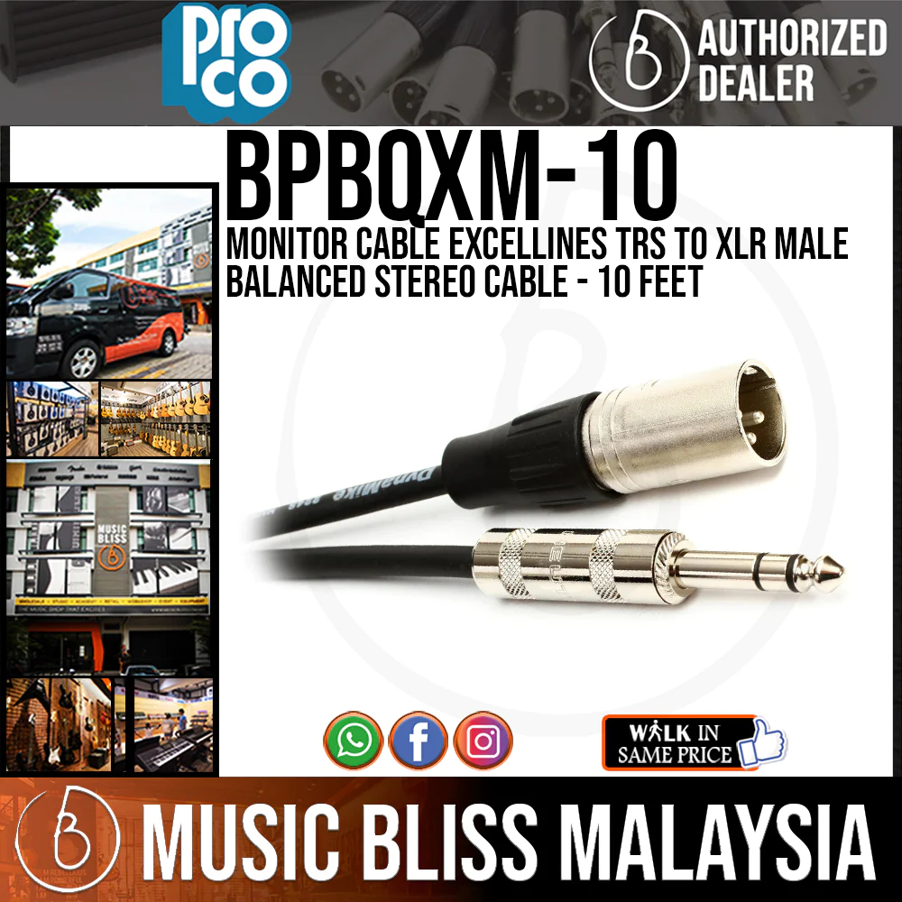 Pro Co Studio Monitor Cable BPBQXM-10 Excellines TRS to XLR Male ...