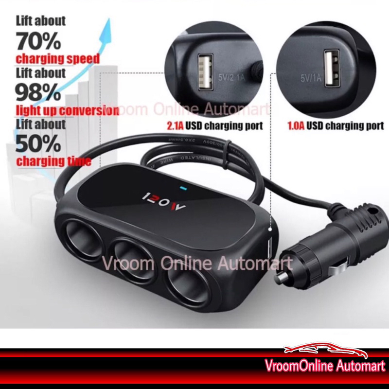 Universal Car 120W DC 12V-24V 5IN1 (2 USB port + 3 Cigarette Socket ...