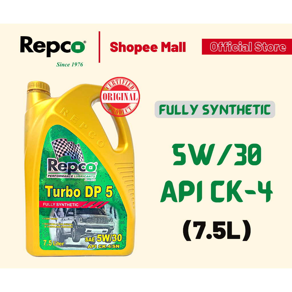 Repco® TURBO DP5 5W/30 (7.5L) API CK-4/SN + ACEA E7/E9 Fully Synthetic Diesel Engine Oil (Low ...