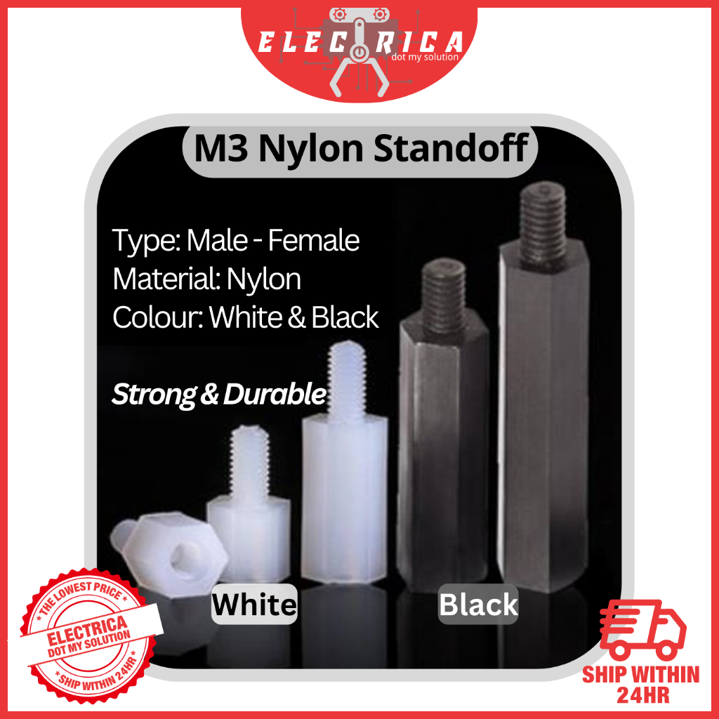 M3 Male to Female White & Black Nylon Hex Screw Thread PCB Stand-off ...