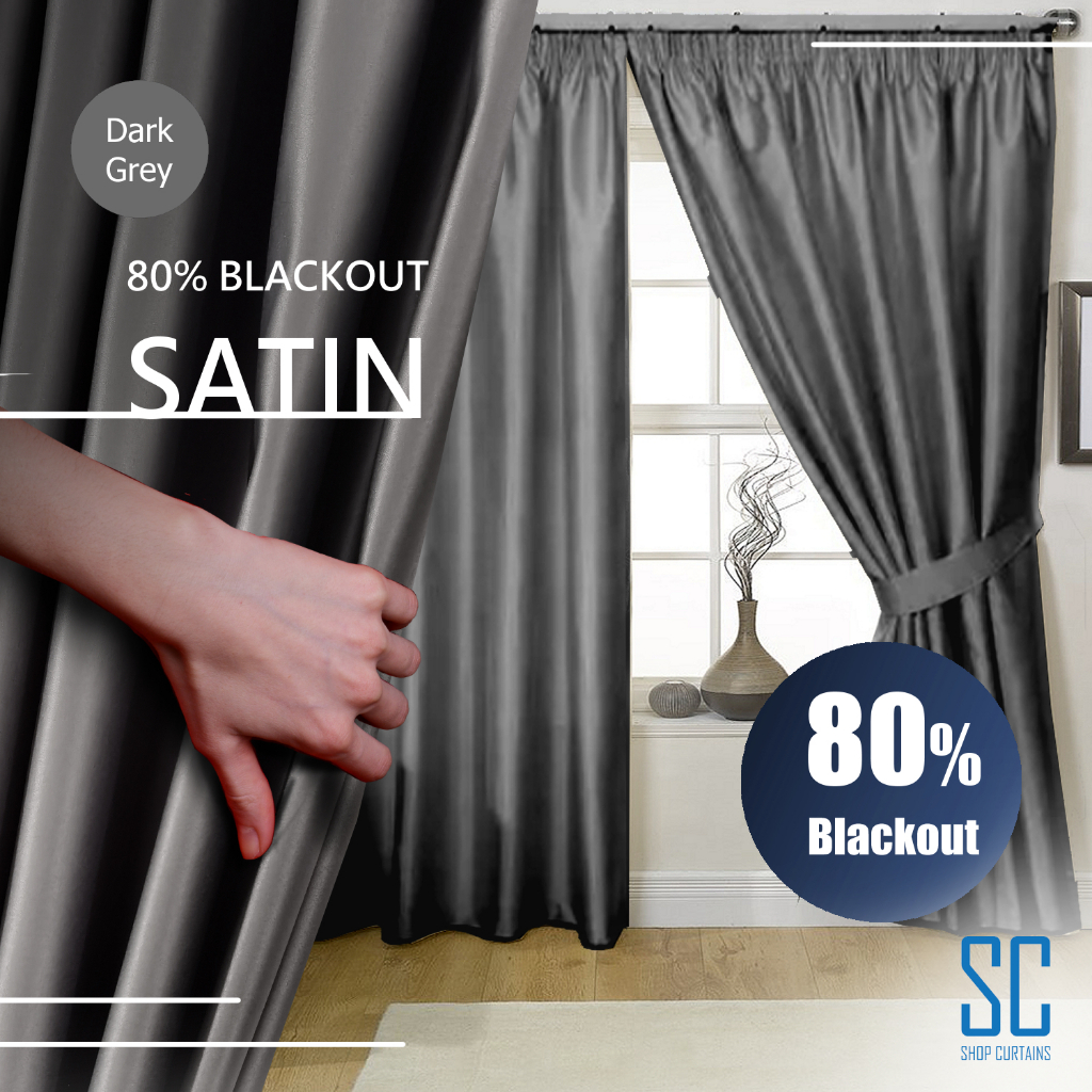 8.8 Live| Langsir Dark Grey Satin Ready Stock 80% Blackout jenis hook ...