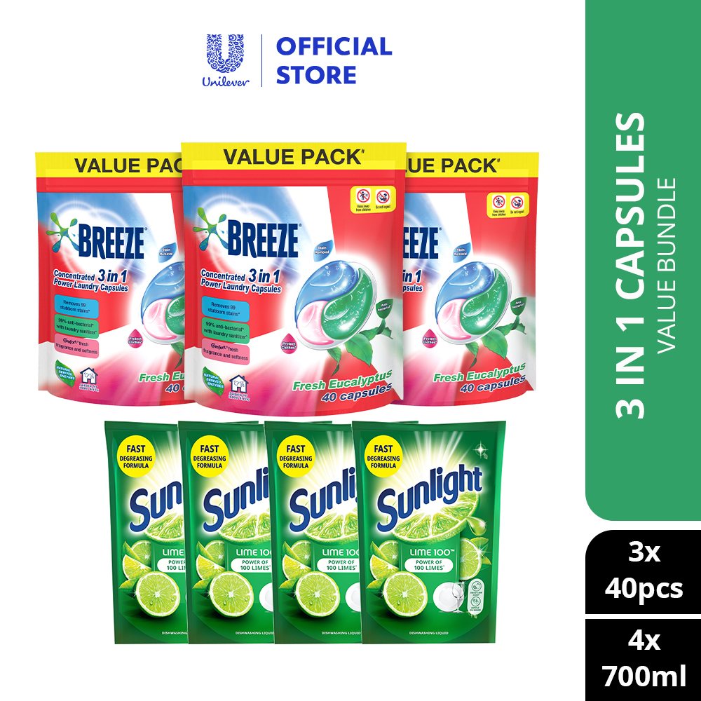[Bundle] Breeze 3in1 Capsules Pouch Fresh Eucalyptus 420g x3 + Sunlight Dishwash Liquid Lime ...