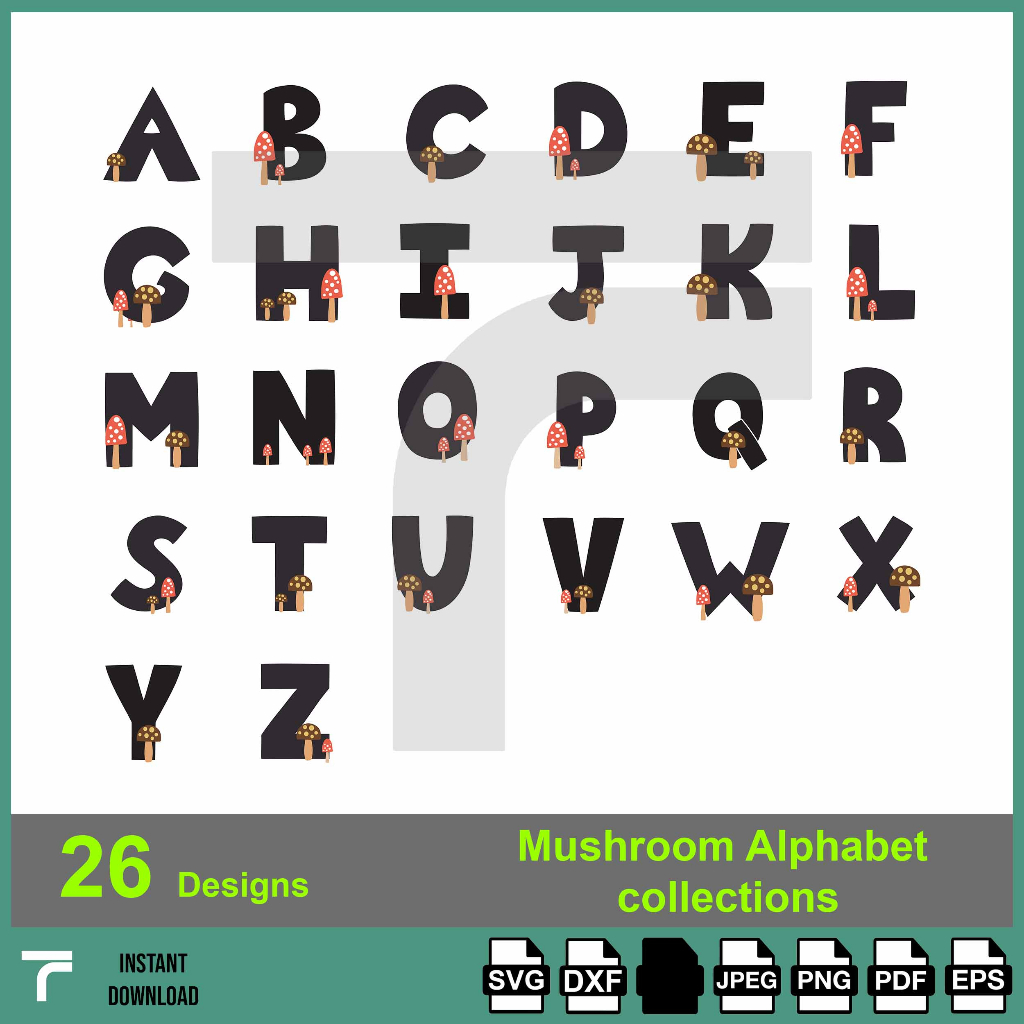 TF076 - 26 individual Alphabet mushroom design svg, mushroom design svg ...