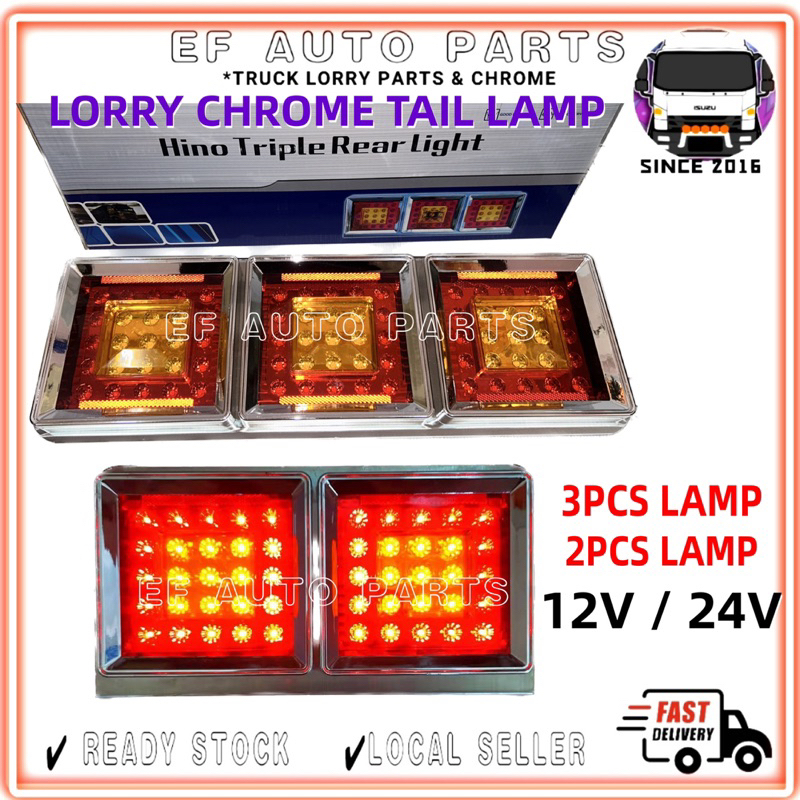 UNIVERSAL 12V 24V LORRY REAR CHROME LED TAIL LAMP SQUARE TWIN LORI ...