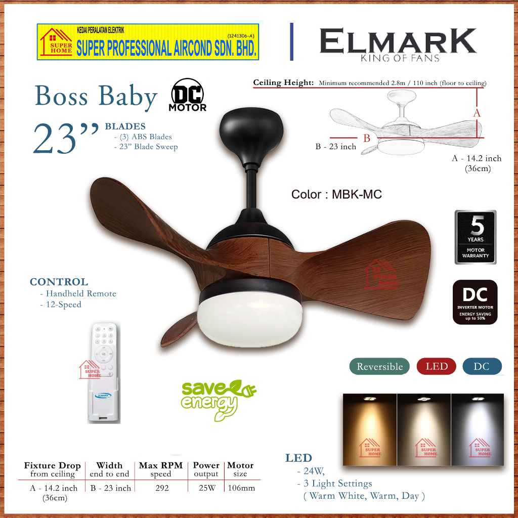 Elmark Ceiling Fan Boss Baby 23 inch Remote Control ((DC Motor)) 3 ...