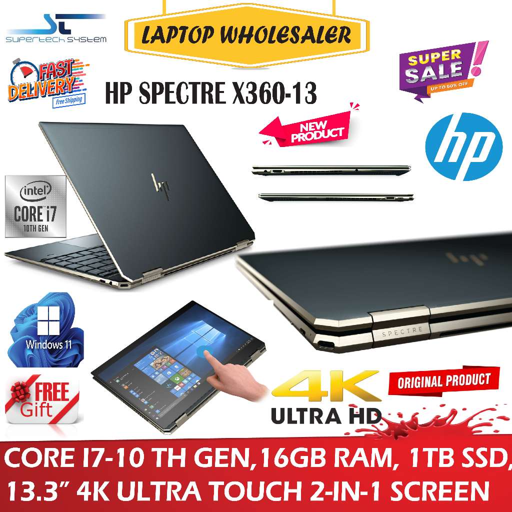 HP SPECTRE X360-13 (CORE i7-10 GEN, 16GB RAM, 1TB SSD, 13.3" FLIP 360 4K TOUCH SCREEN, WIFI, IR ...