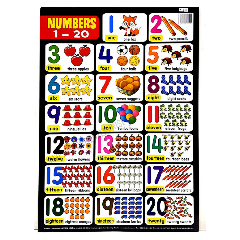 Mini Education Poster Alphabet ABC abc Number 1 - 20 Animal Fruits ...