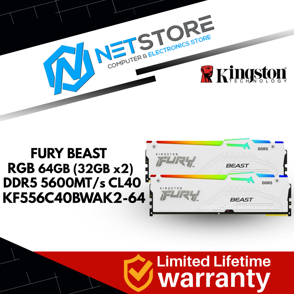 KINGSTON FURY BEAST RGB 64GB 5600MT/s DDR5 CL40 DIMM (Kit of 2) WHITE - KF556C40BWAK2-64 ...