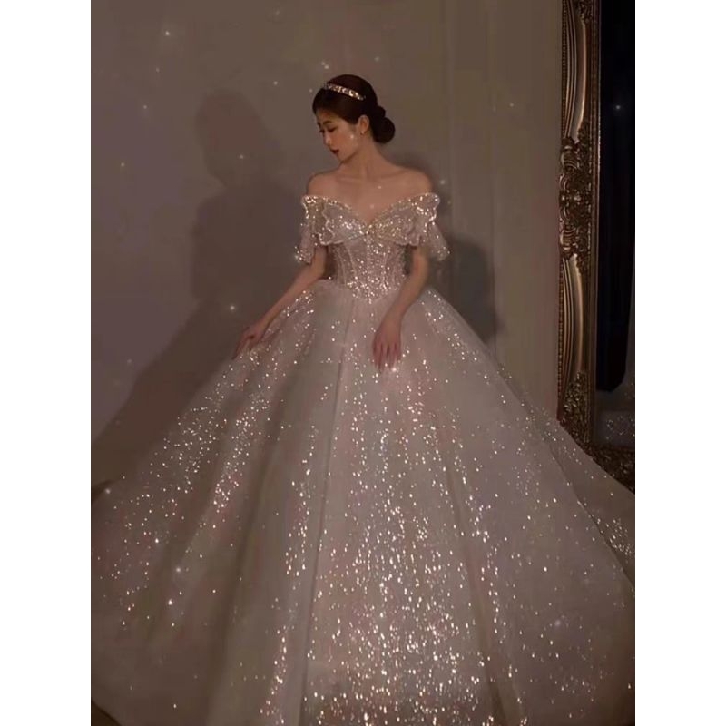 luxury straight shoulder wedding dress trailing (RS2958) | Shopee Malaysia