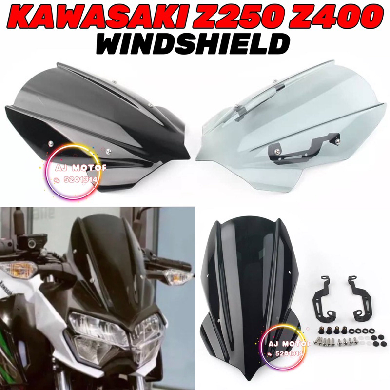 KAWASAKI x MODENAS Z250 Z400 2019 - 2023 WINDSHIELD 41CM BLACK SMOKE ...