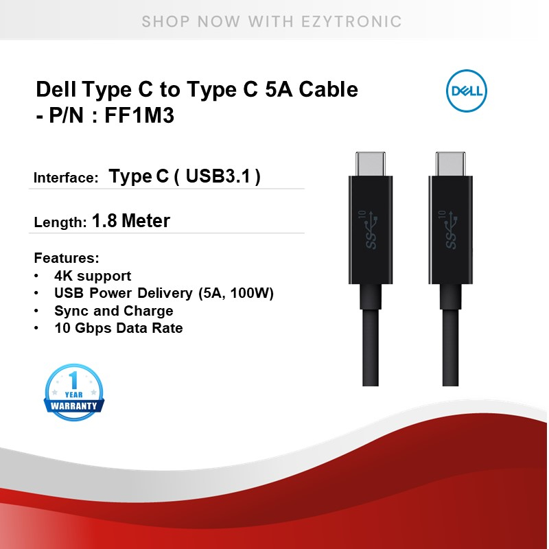 Dell Type C to Type C 5A Cable - P/N : FF1M3 for pc laptop phone | 100 ...