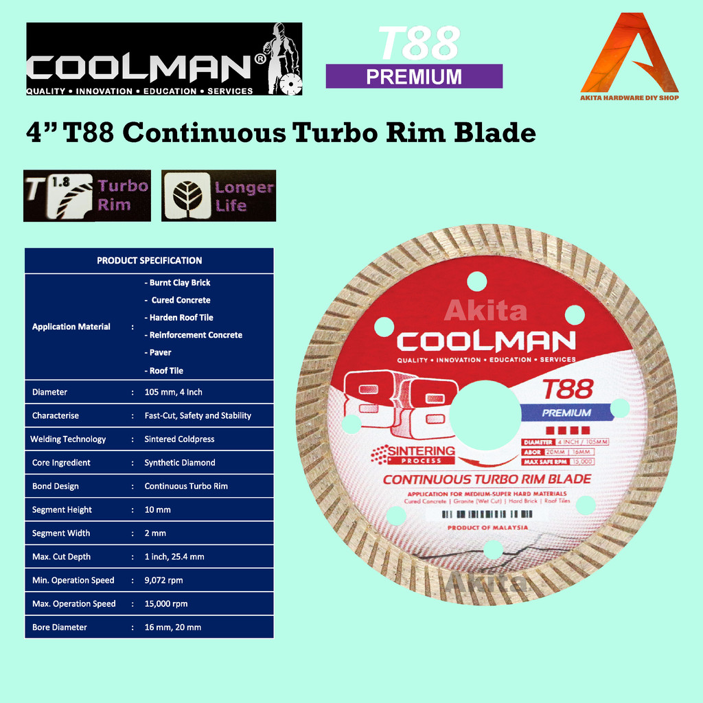 COOLMAN 4’’ T88 Continuous Turbo Rim Blade 105mm Diamond Cutting Disc ...
