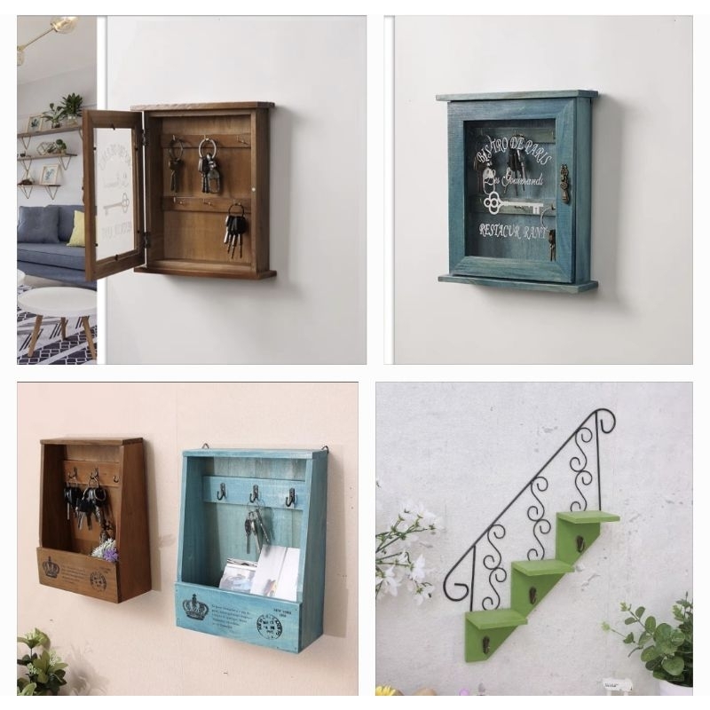 KEY STORAGE BOX WOODEN DECORATIVE KEYS BOX WALL MOUNTED KEYS HOOK ...