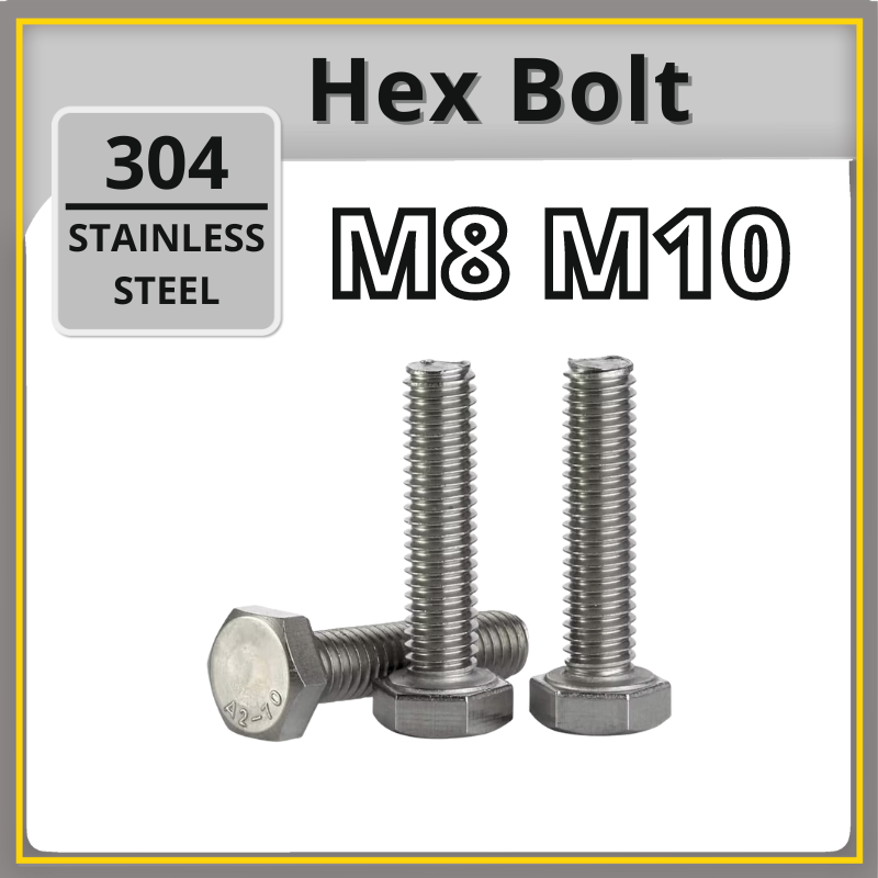 M8 M10 Hex Bolt DIN933 | SUS 304 Stainless Steel Grade A2-70 | Full Thread Skru | M8 Screw M10 ...