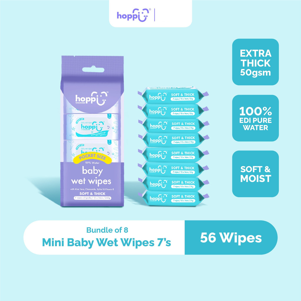Hoppi Premium 99% Mini Baby Water Wipes (7 Wipes x 8 Packs) | Shopee ...
