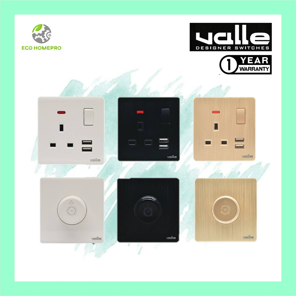 Valle Designer 13A Switch Socket With 2 USB Light Dimmer Gardo Series ...