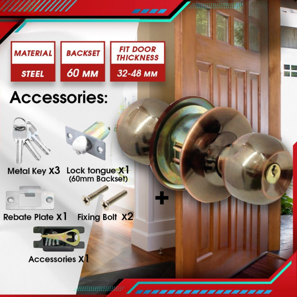 Cylindrical Door Knob Lock Set BACKSET - 60MM / Tombol Pintu Bilik ...