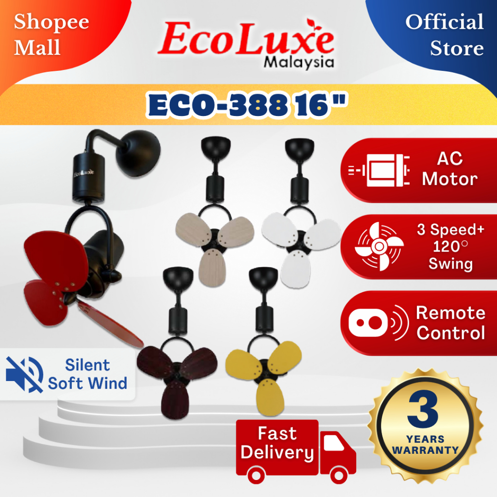 ECOLUXE ECO-388 16" Mini Fan AC Motor with 3 Speeds Remote Control ...