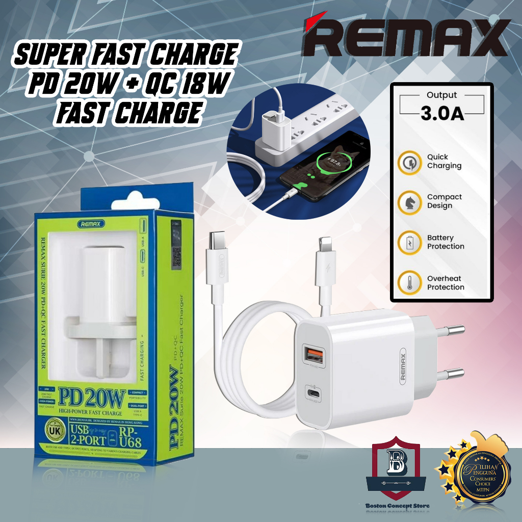 REMAX RP-U68 Super Fast Charge PD 20W + QC 18W Fast Charge USB + Type-C Output Charger High ...