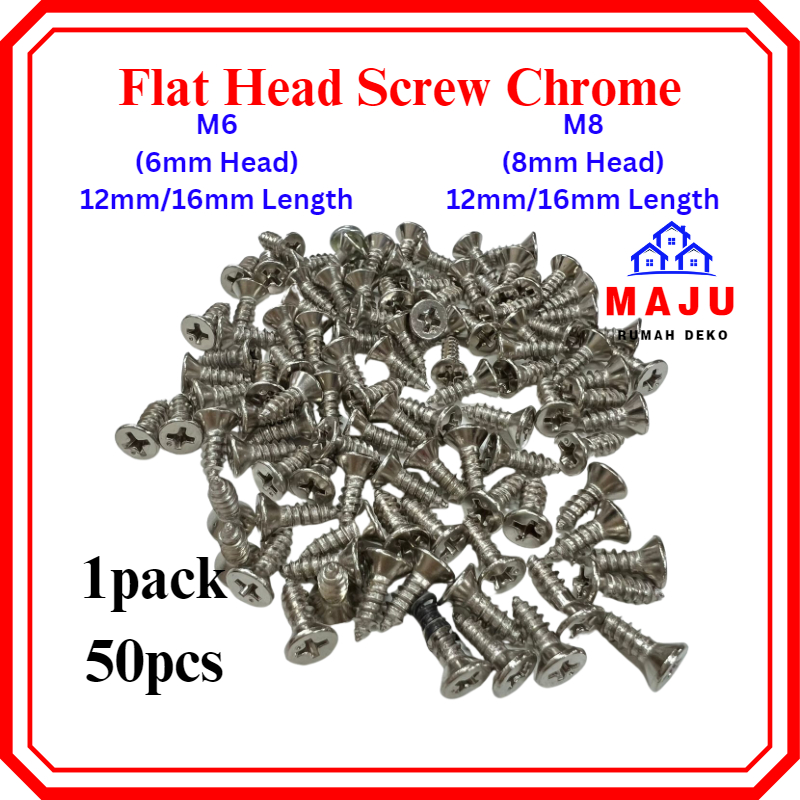 Maju Skru CSK 50biji Saiz M8 M6 12mm 16mm 50pcs Screw Chrome Flat Head ...