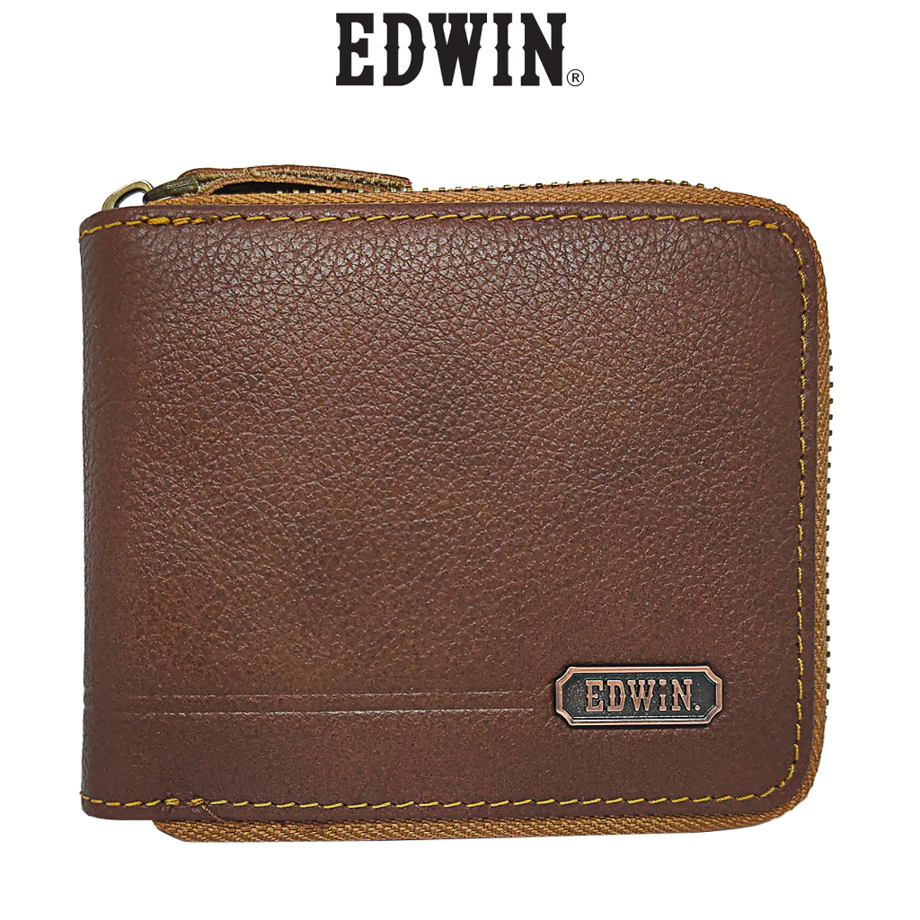 𝗘𝗗𝗪𝗜𝗡 𝗖𝗢𝗟𝗟𝗘𝗖𝗧𝗜𝗢𝗡 Genuine Top Grain Leather Copper Logo Short Zipper ...