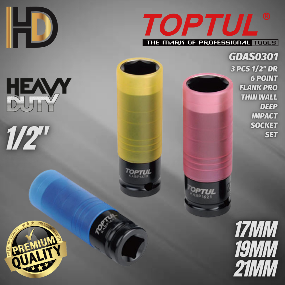 TOPTUL 3 Pcs 1/2" DR Flank Pro Series Thin Wall Deep Impact Socket Set ...