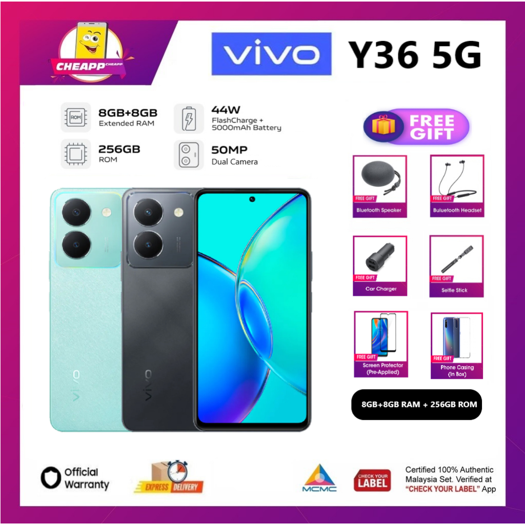 (MYSET) VIVO Y36 5G (8GB+8GB RAM 256GB ROM) 6.64" FHD+ Dotch Display | 50MP Camera | 44w Flash ...