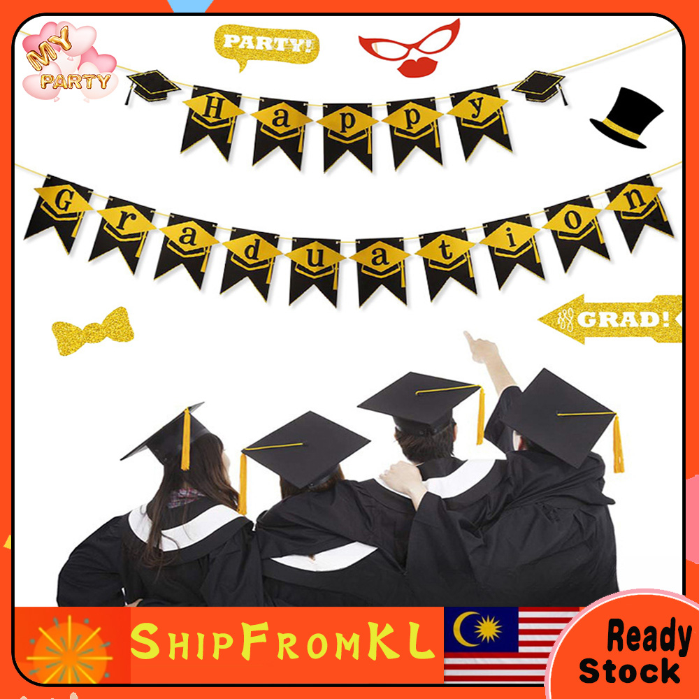 Happy Graduation Bunting 毕业快乐拉旗 Black+Gold Triangle Flag Glitter ...